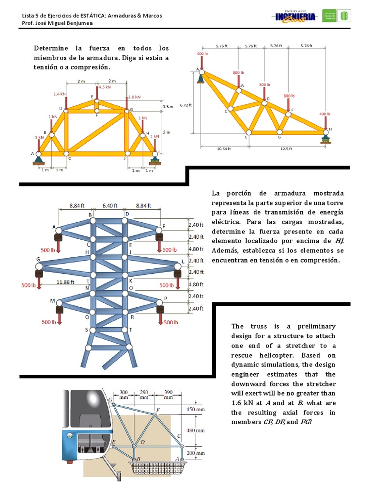 Lista 5 de Ejercicios de ESTÁTICA: Armaduras & Marcos Prof. José Miguel Benjumea | PDF ...