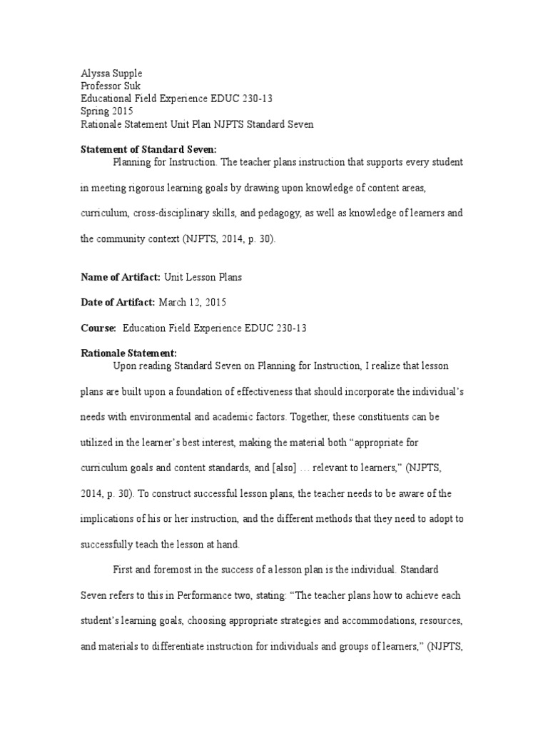 Rationale Statement Lesson Plan Standard Seven | PDF | Lesson Plan ...