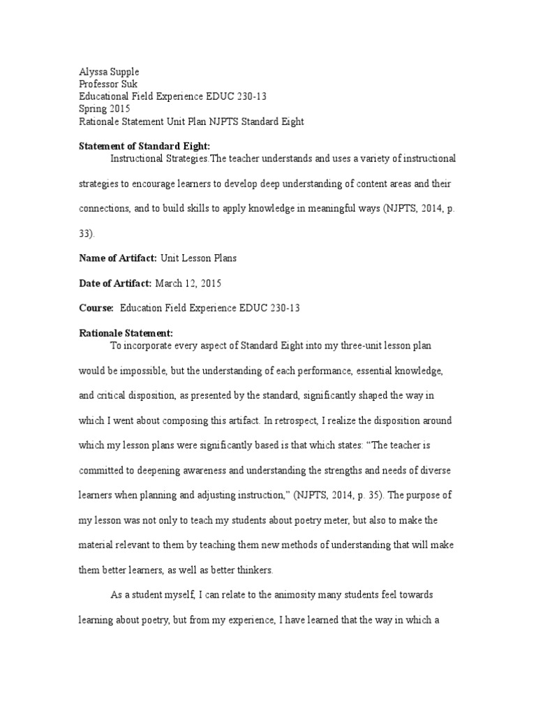 Rationale Statement Lesson Plan Standard Eight | PDF | Lesson Plan ...