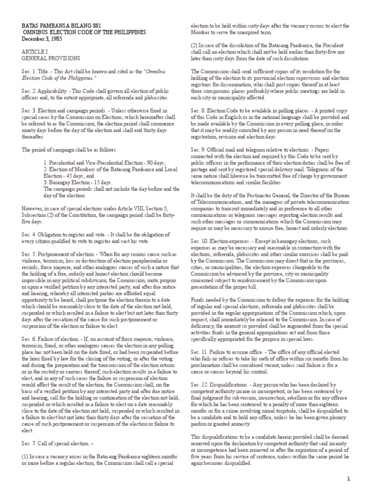 The Omnibus Election Code of the Philippines: Establishing Uniform ...