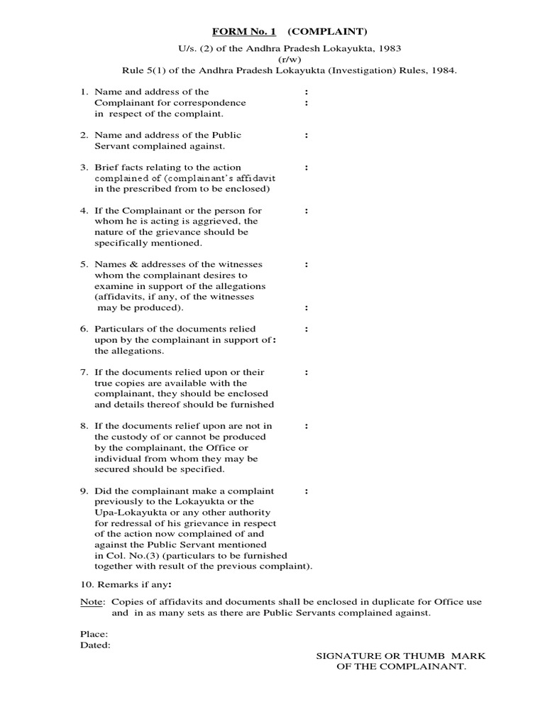 Form No. 1 (Complaint) | PDF | Affidavit | Notary Public