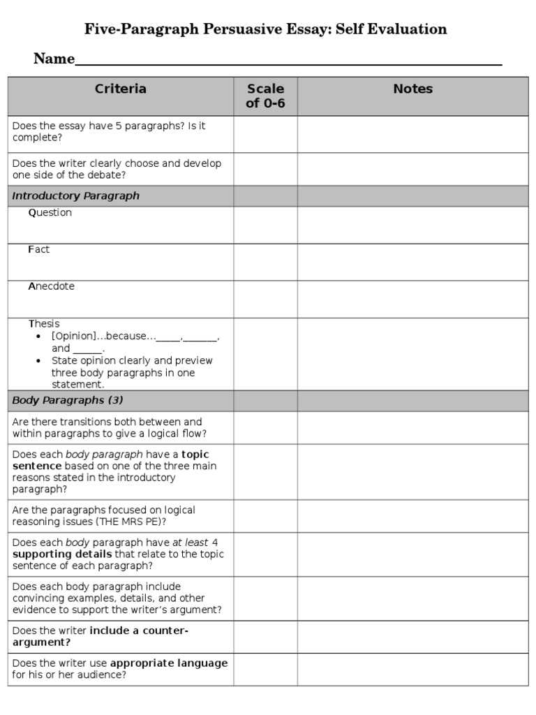 Persuasive Essay Self Evaluation | Download Free PDF | Paragraph | Essays