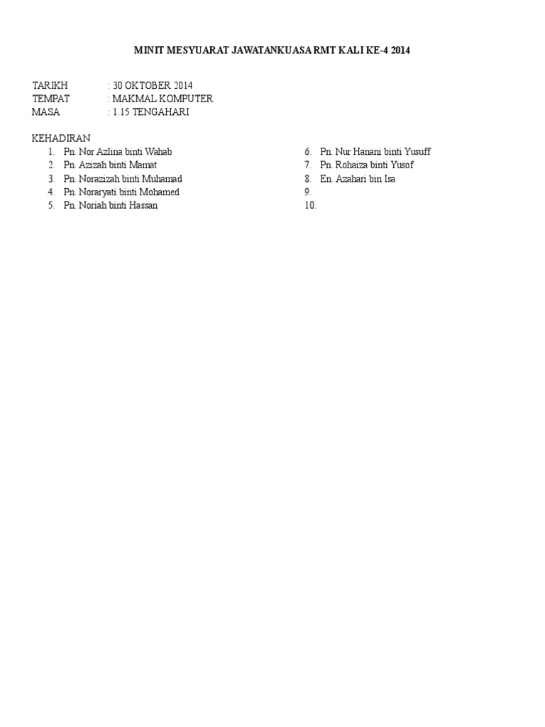 Minit Mesyuarat Jawatankuasa RMT Kali Ke | PDF