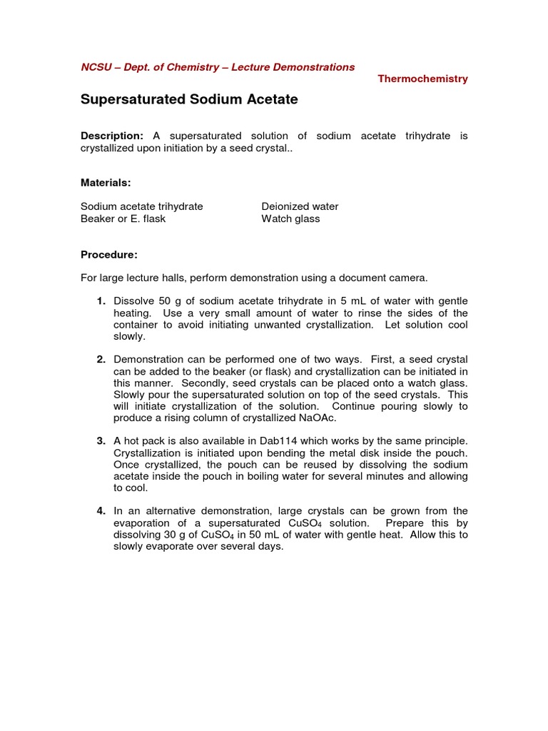 Supersaturated Sodium Acetate: NCSU - Dept. of Chemistry - Lecture ...