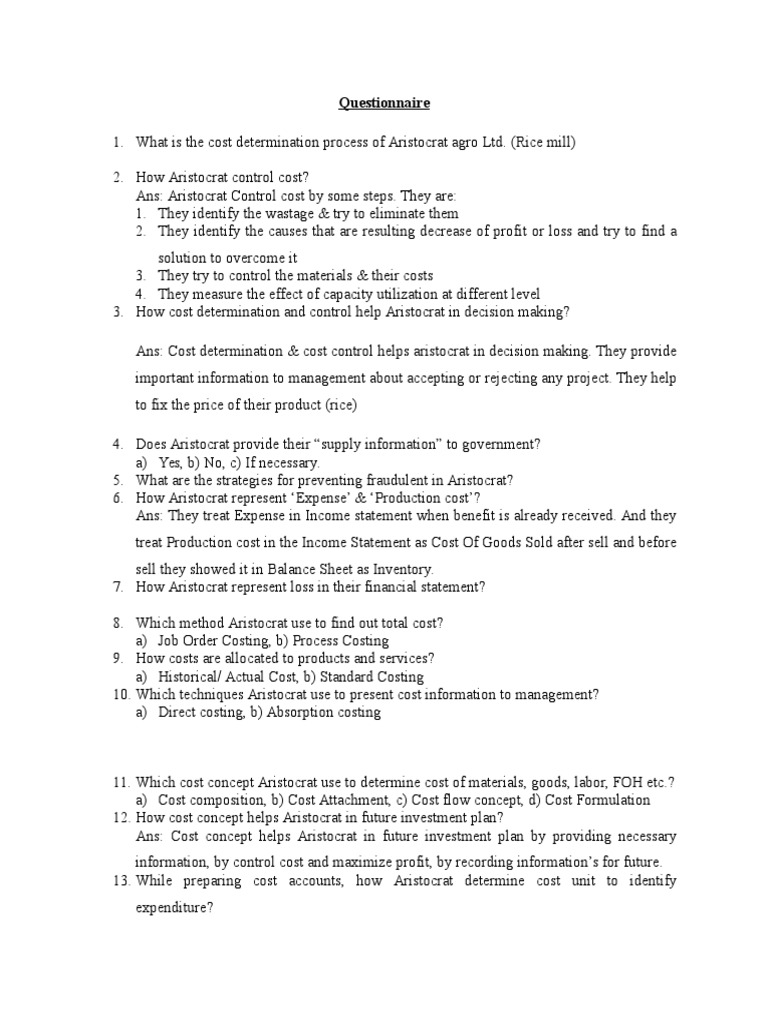 Questionnaire For Cost Accounting | PDF | Cost Of Goods Sold | Cost ...
