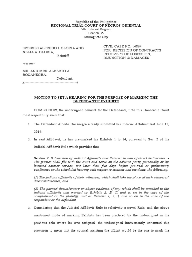 Motion For Marking of Exhibits | PDF | Affidavit | Lawsuit