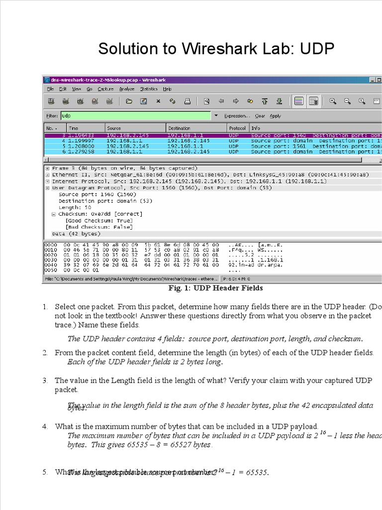 Solution To Wireshark Lab: UDP | PDF | Network Packet | Internet Protocols
