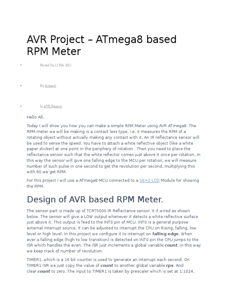 Avr Project - Atmega8 Based RPM Meter | PDF | Microcontroller | Electronics