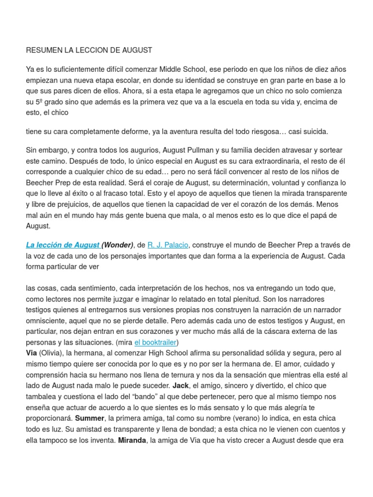 Resumen Del Libro La Leccion De August Por Capitulos - Leer un Libro