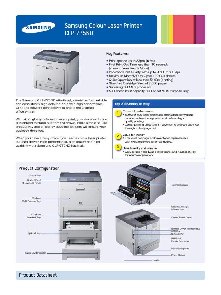 Samsung Colour Laser Printer CLP-775ND: Product Datasheet | PDF | Printer (Computing) | Computer ...