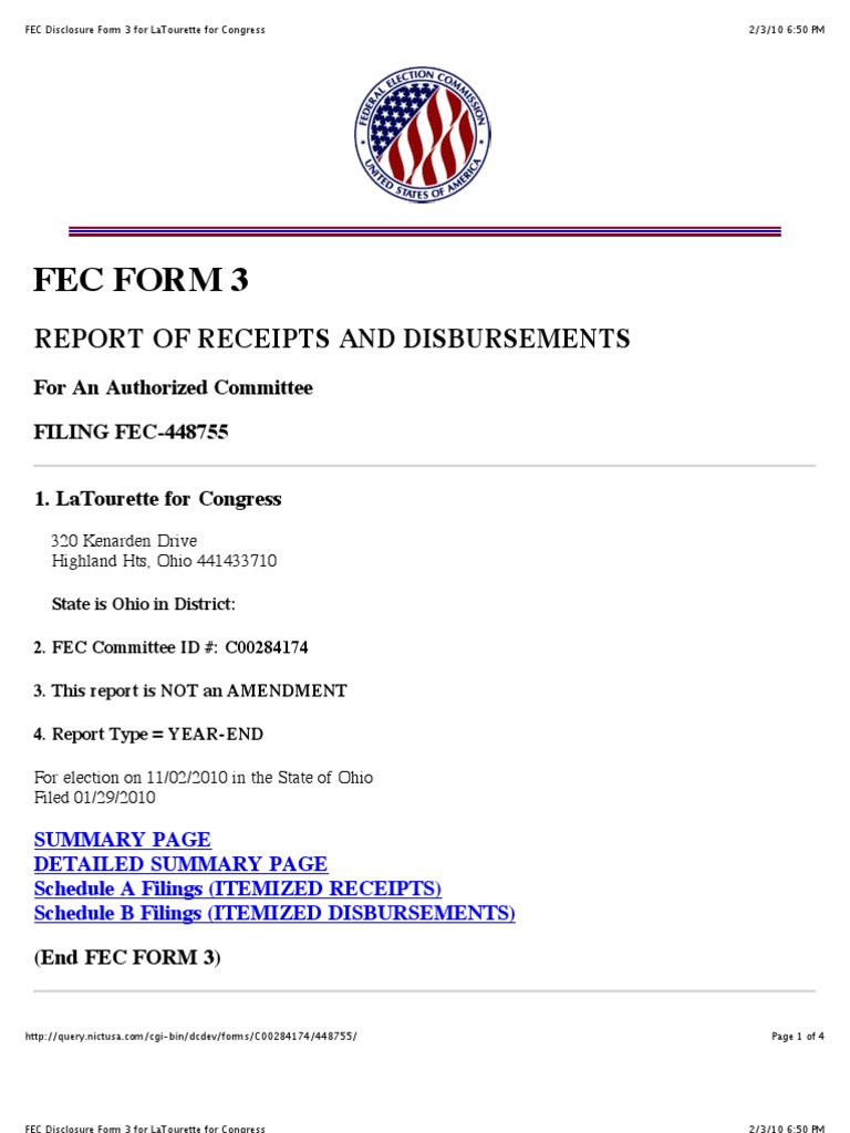 FEC Disclosure Form 3 For LaTourette For Congress | Download Free PDF ...