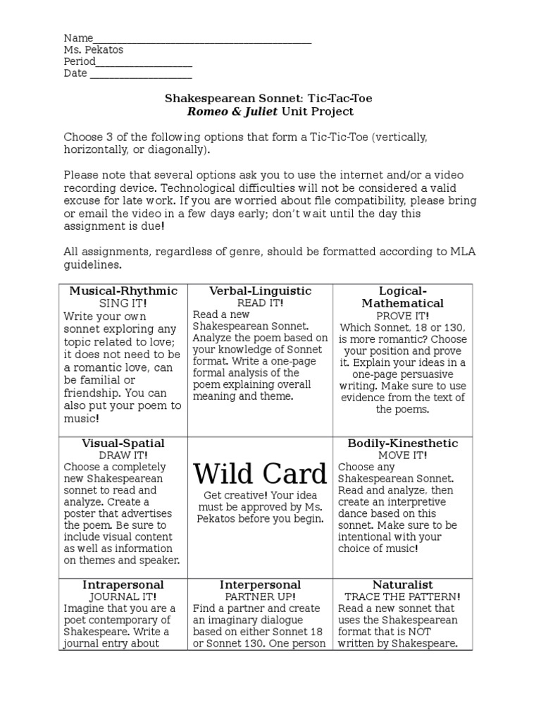 Shakespearean Sonnet Tic-Tac-Toe Project | PDF | Sonnets | Poetry
