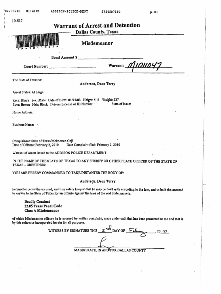 Arrest Warrant Affidavit For Deon Anderson | PDF | Law Enforcement ...