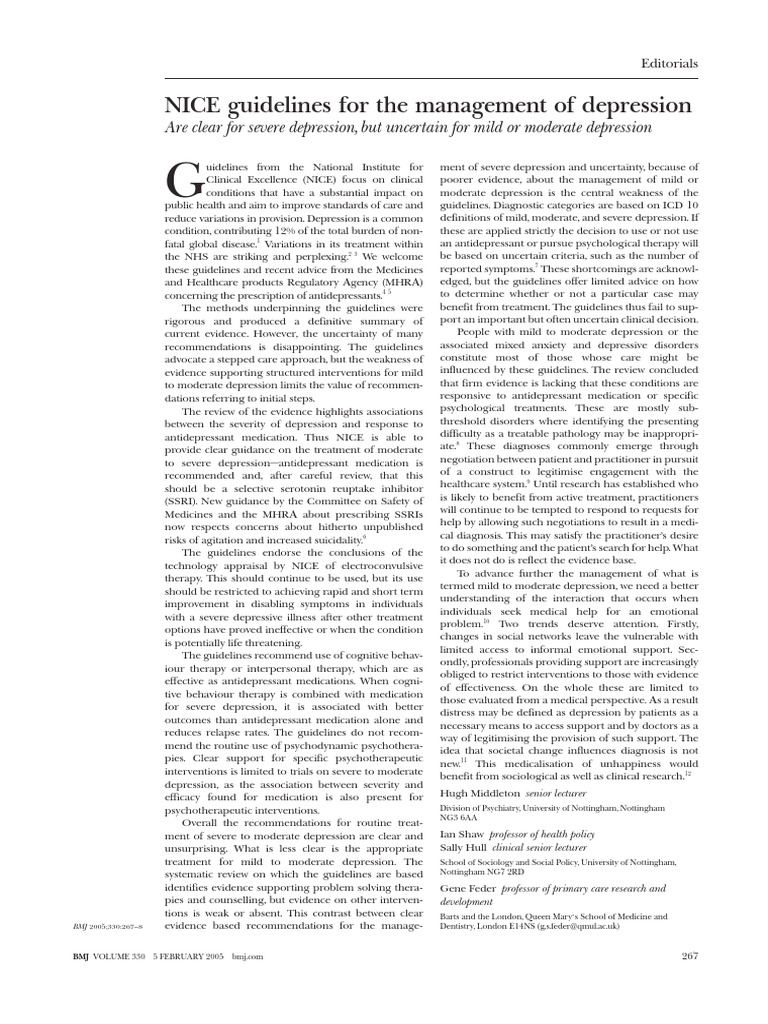 NICE Guidelines For The Management of Depression | Download Free PDF ...