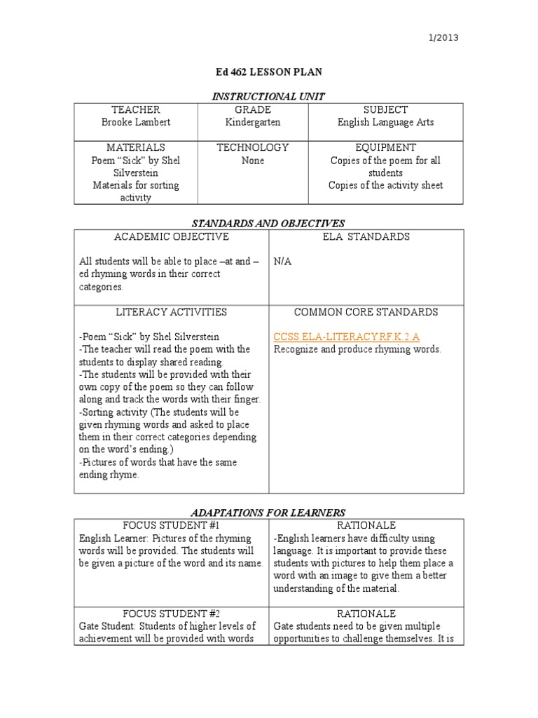 Kindergarten Rhyming Lesson | PDF | Educational Assessment | Lesson Plan
