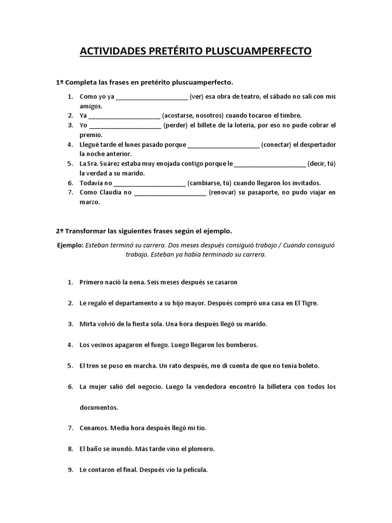 Actividades Pretérito Pluscuamperfecto | PDF