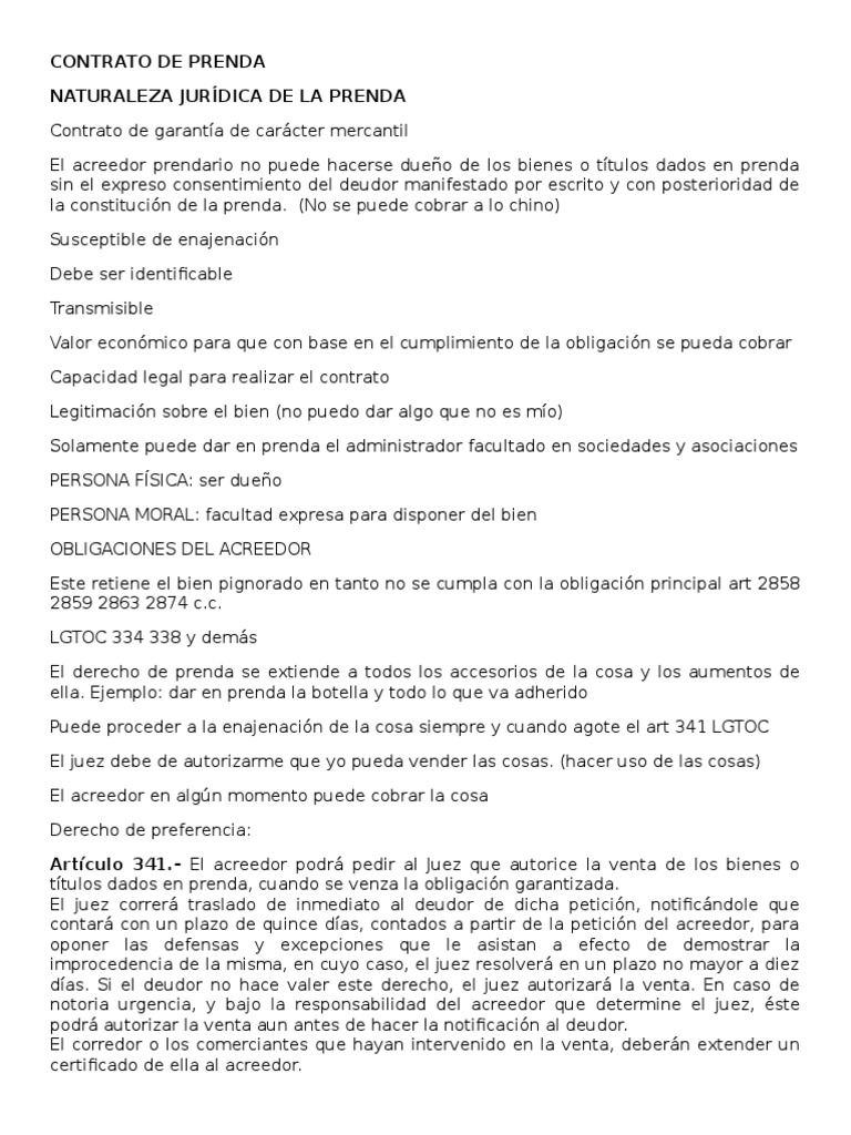 Elementos y características del contrato de prenda | PDF | Virtud ...