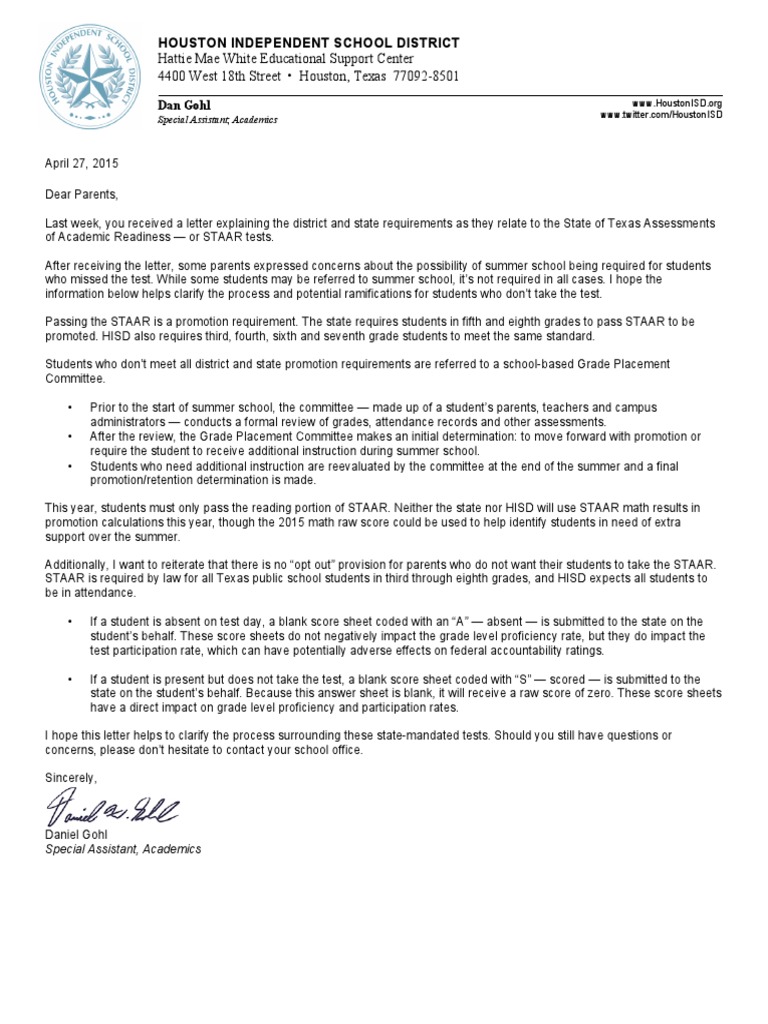 HISD follow-up letter on opting out | Quality Of Life | Cognition