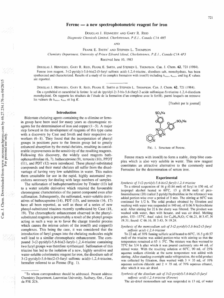 Ferene A New Spectrophotometric Reagent For Iron: 3 - (2-Pyridyl) - 5,6 ...