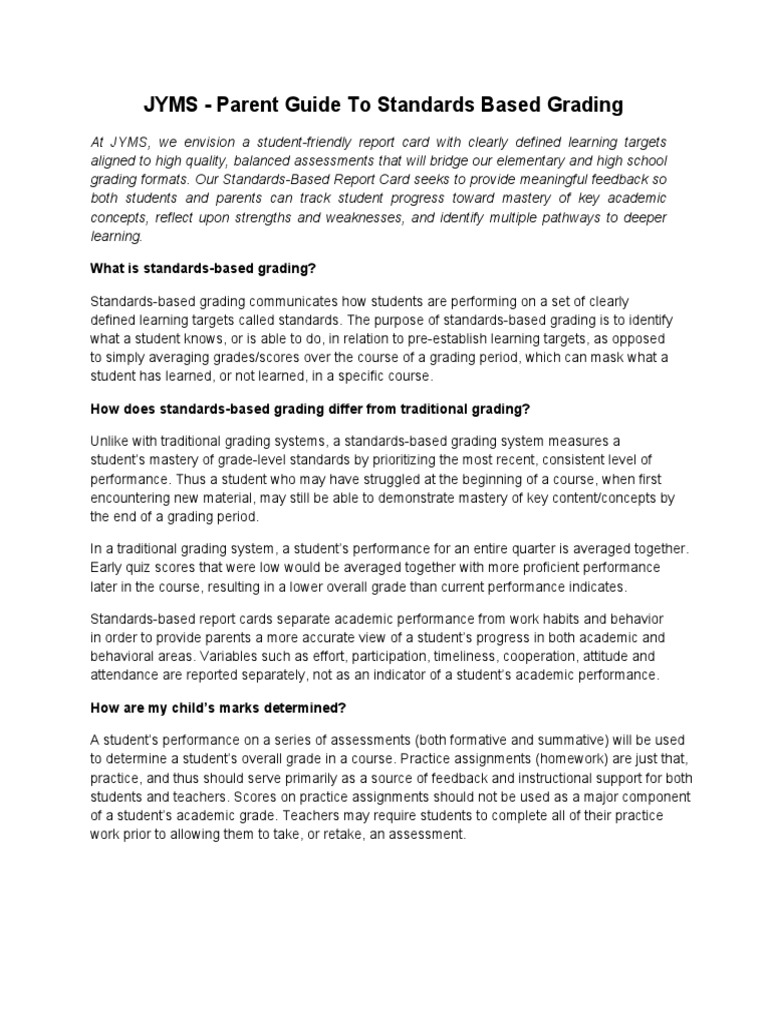 JYMS Standards-Based Grading Guide | PDF | Educational Assessment ...