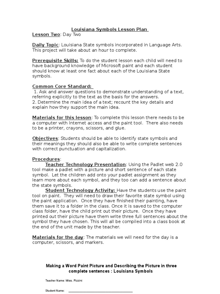 Louisiana State Symbols Lesson Plan | PDF | Lesson Plan | Human ...