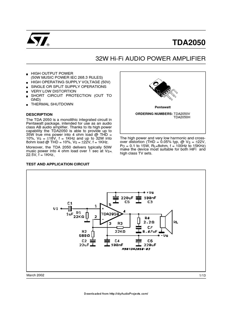 TDA2050 Datasheet PDF | PDF | Amplifier | Electrical Impedance