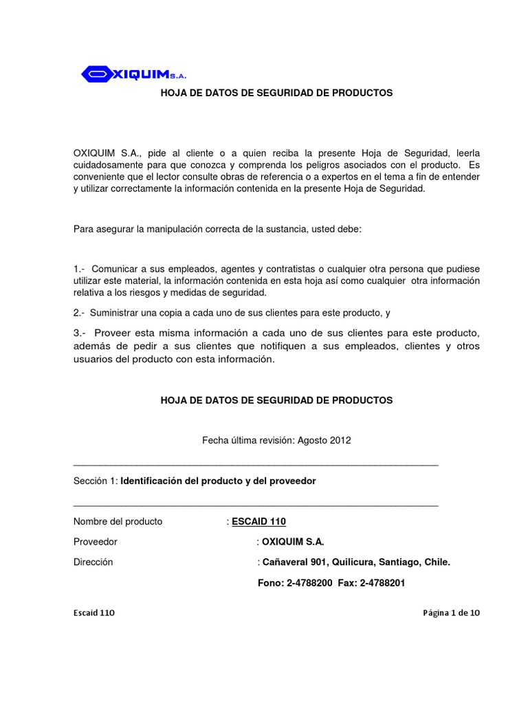 HDS Escaid 110 | PDF | Descomposición | Dióxido de carbono