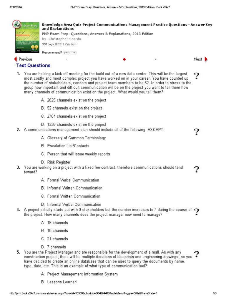 Knowledge Area Quiz Project Communications Management Practice ...