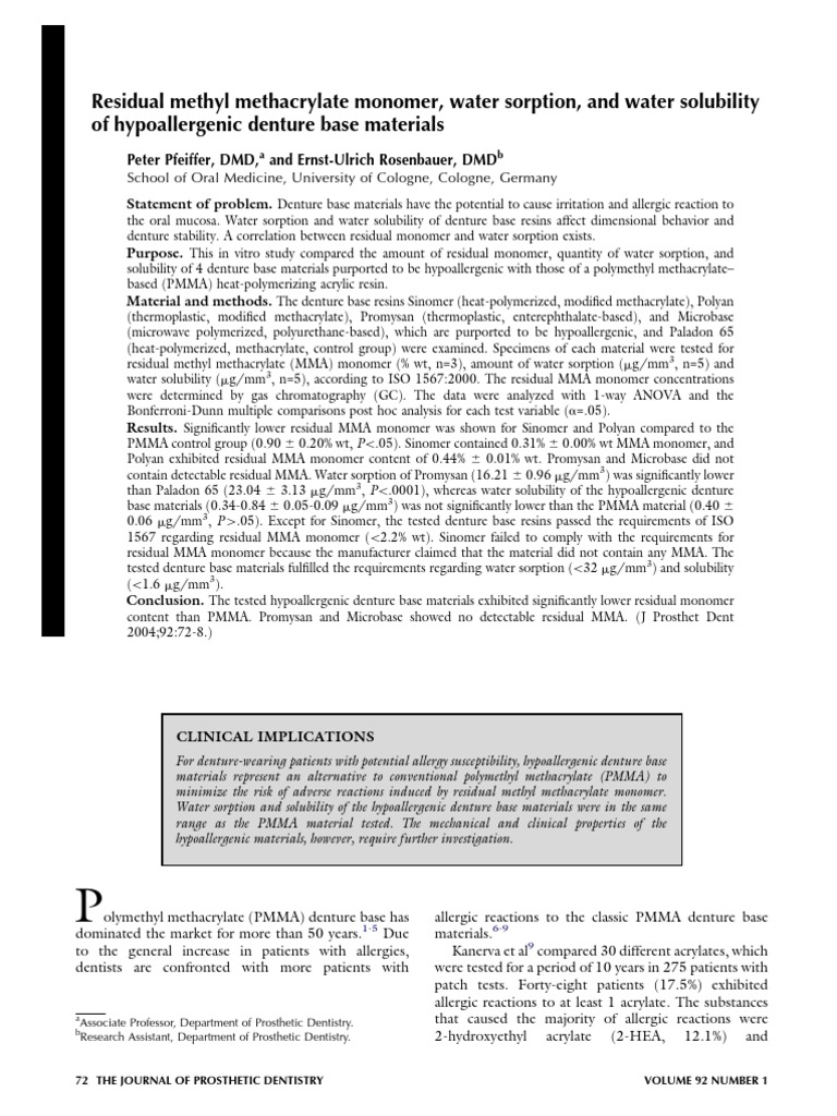 Residual Methyl Methacrylate Monomer, Water Sorption, and Water Solubility | PDF | Poly(Methyl ...