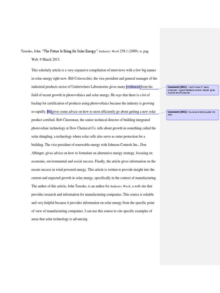 Annotated Bibliography Draft | Photovoltaics | Solar Energy