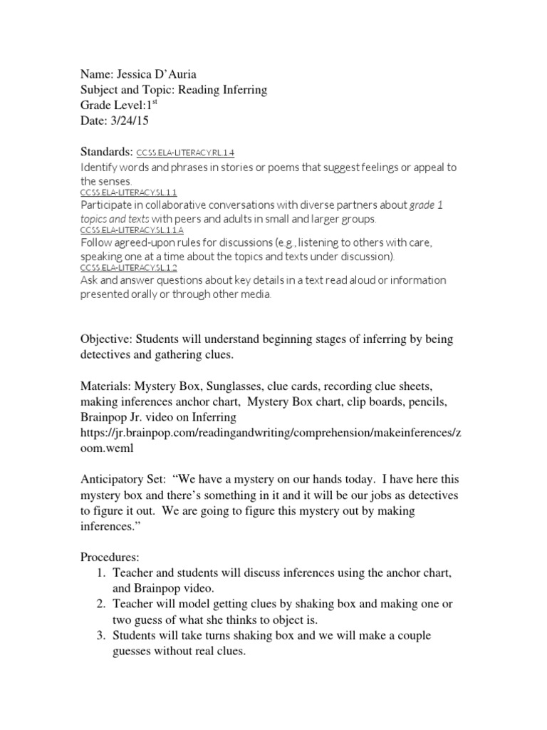 Inferring Skills Lesson for 1st Grade | PDF | Cognitive Science | Learning