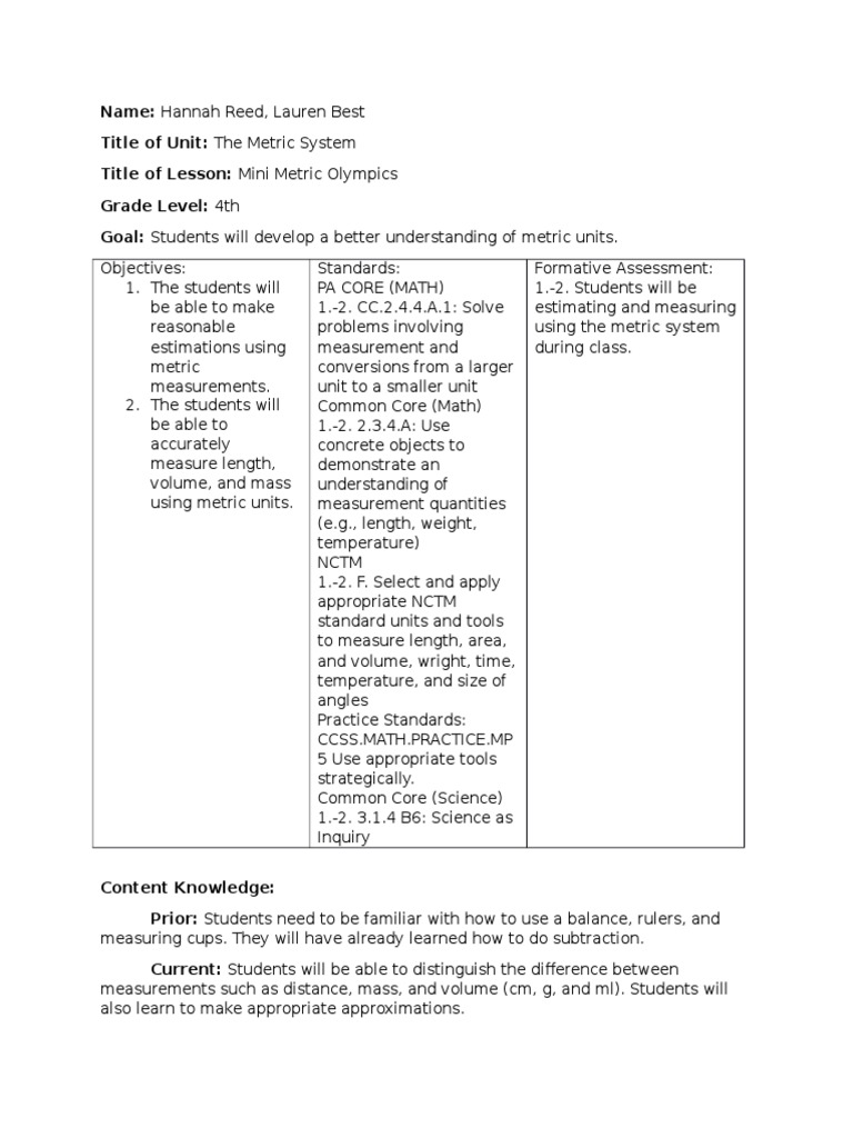 Mini Metric Olympics Lesson | PDF | National Council Of Teachers Of ...