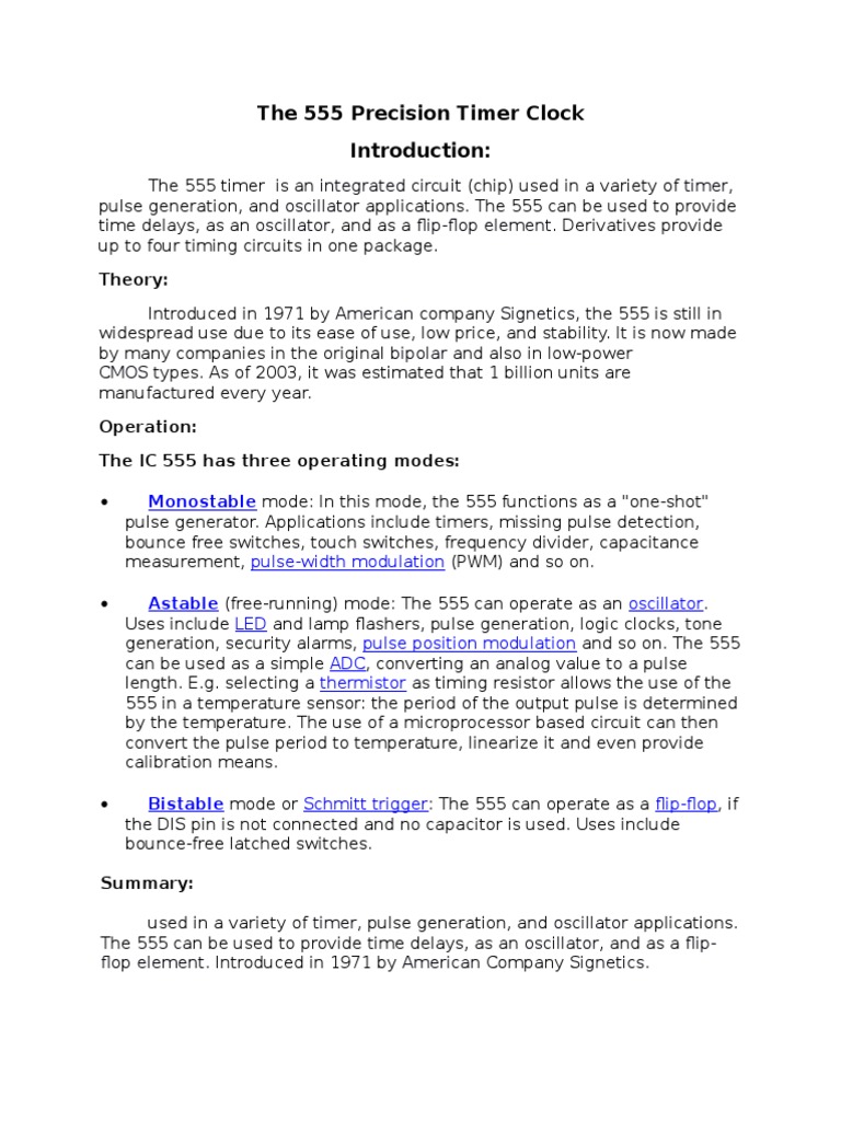 The 555 Precision Timer Clock: Integrated Circuit Timer Oscillator ...