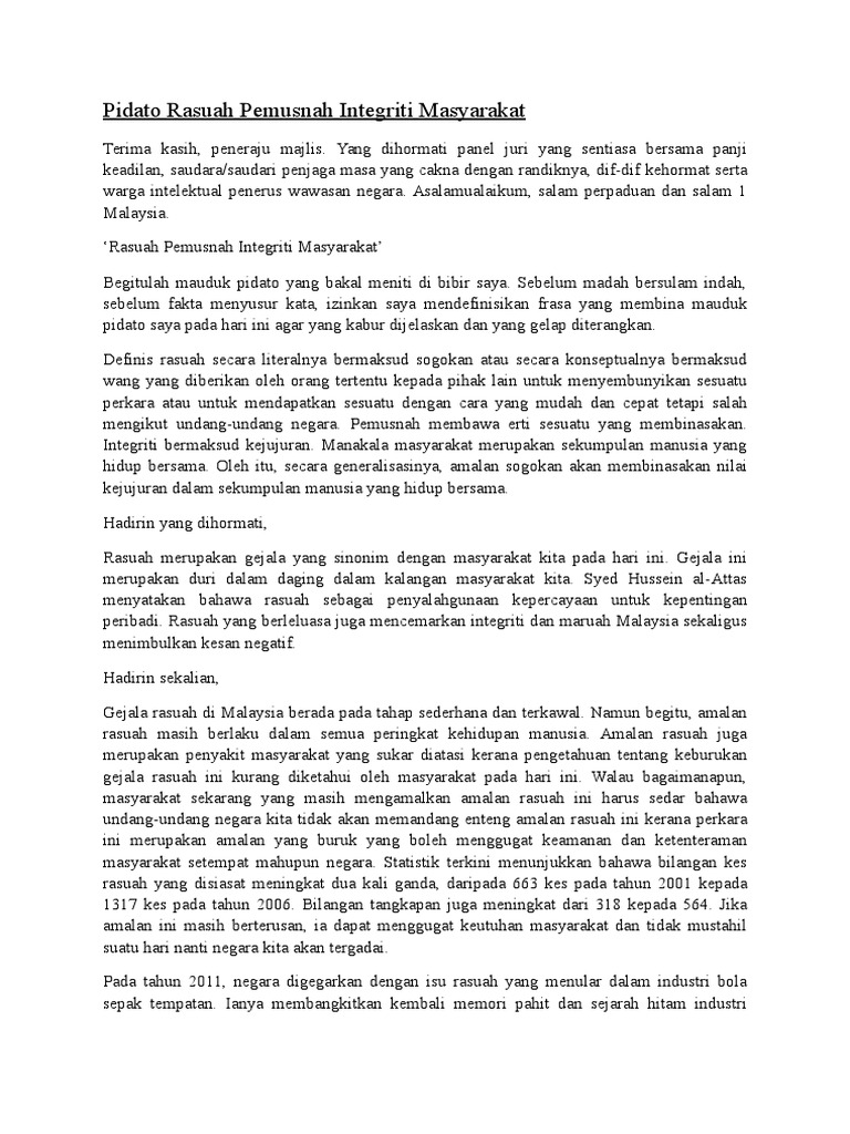 Pidato Rasuah Pemusnah Integriti Masyarakat | PDF
