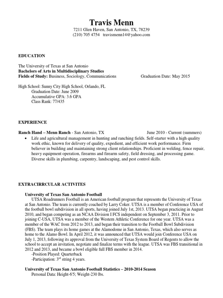 Travis Menn: Resume and Experience | PDF | Sports & Recreation