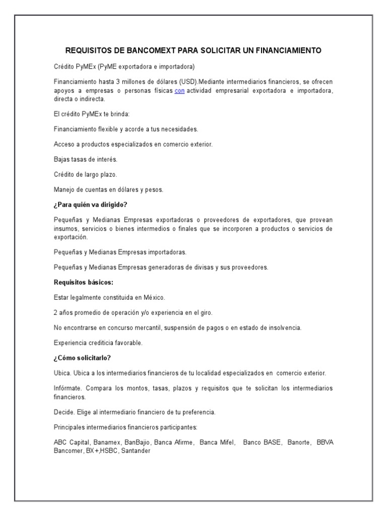 Requisitos de Bancomext para Solicitar Un Financiamiento | PDF | Pequeñas y medianas empresas ...