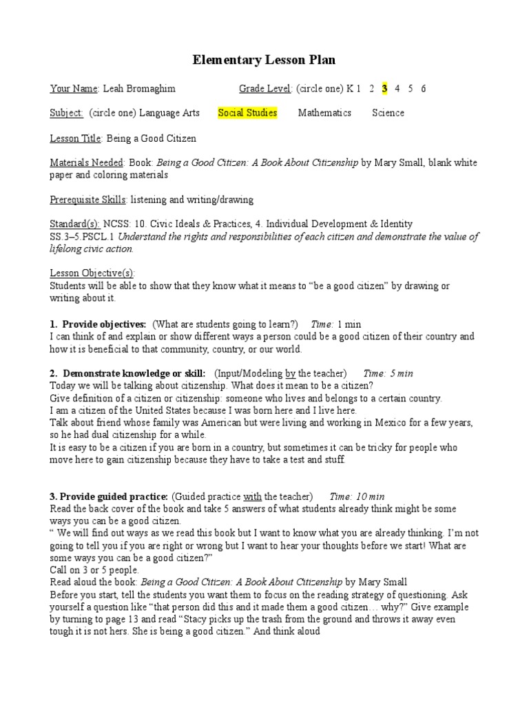 3rd Grade Citizenship Lesson Plan | PDF | Citizenship | Lesson Plan