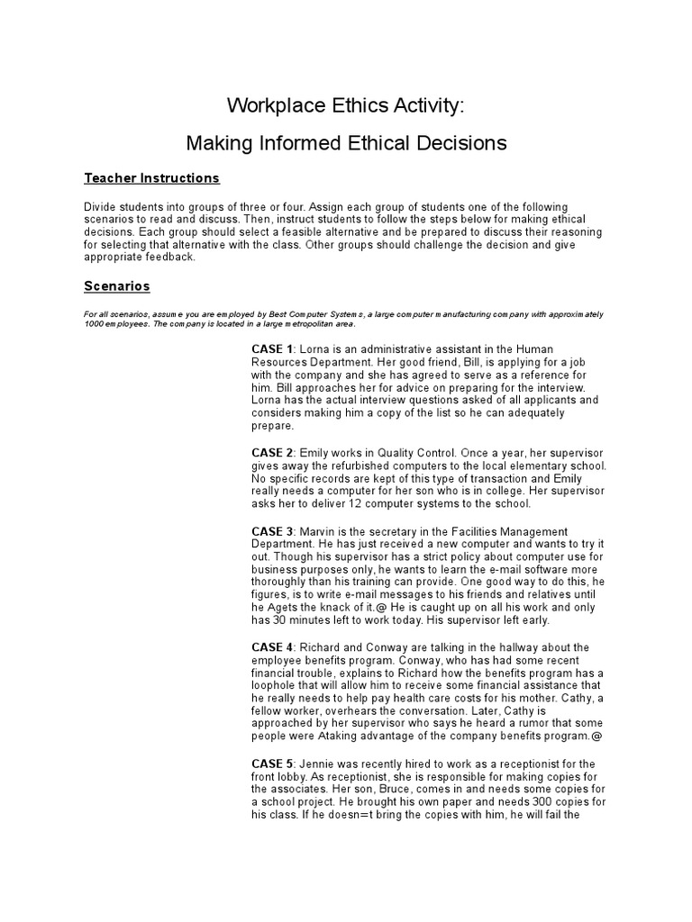 Workplace Ethics Activity | PDF | Employment | Business
