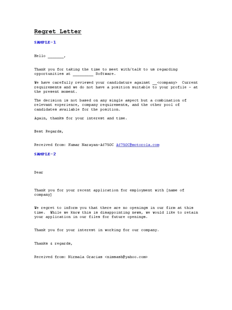 Regret Letter Samples for Job Applicants | PDF