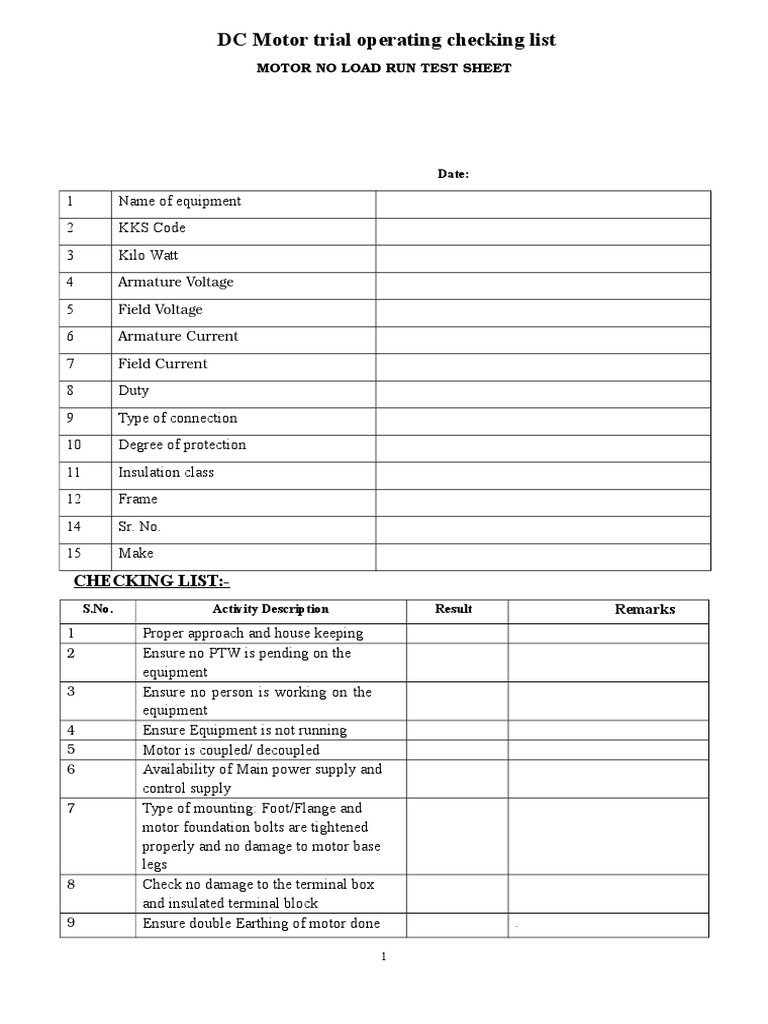 DC Motor Check List | PDF