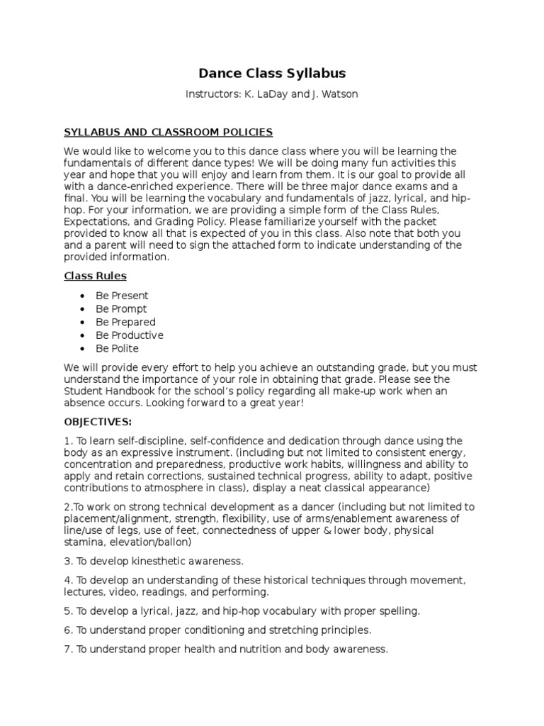 dance class syllabus | Dances | Test (Assessment)