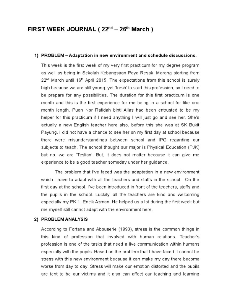 First Week Practicum Journal Insights | PDF | Emotions | Stress (Biology)