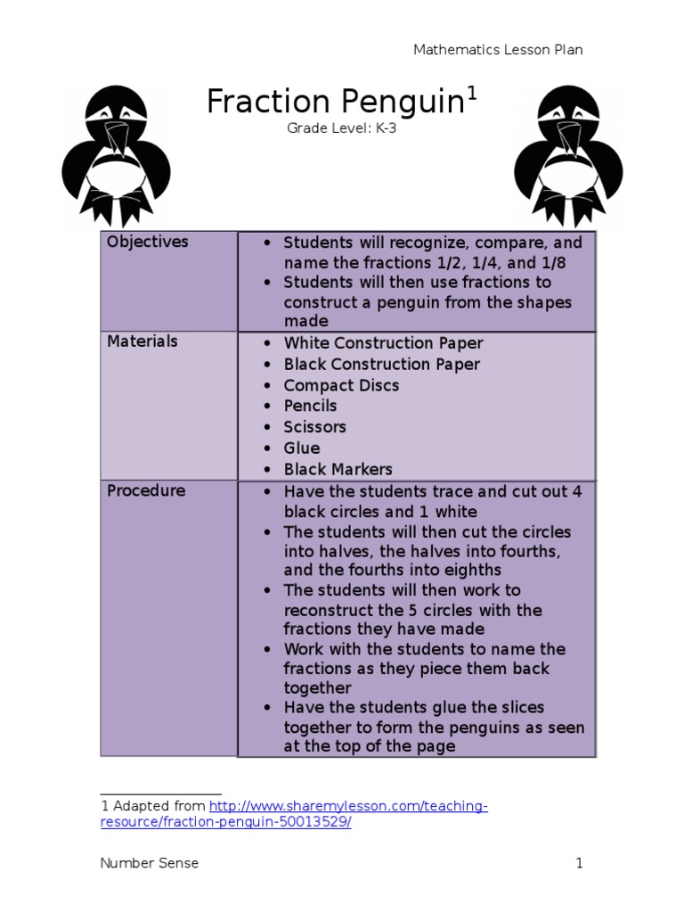 Penguin Math: Fraction Lesson Plan | PDF