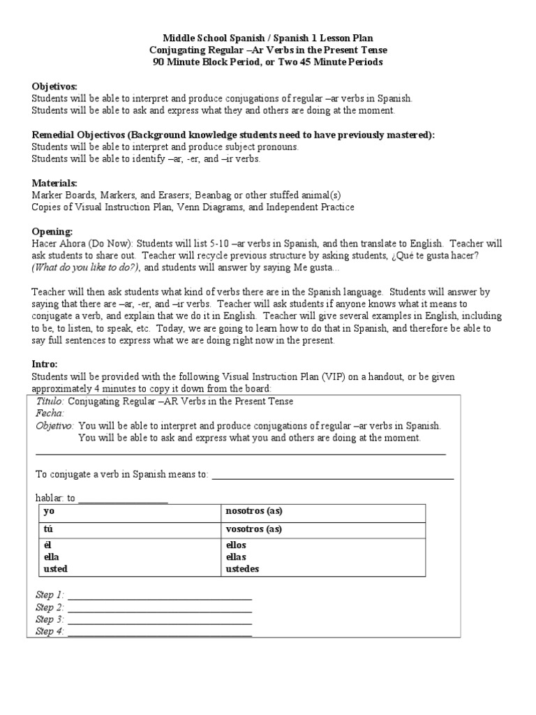 Sample Lesson Plan - Conj Regular AR Verbs in Present | PDF ...