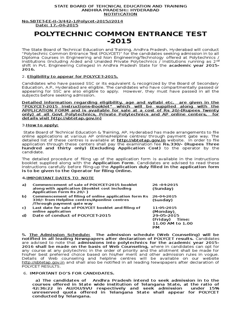 Polytechnic Common Entrance Test - 2015 | PDF | Institute Of Technology ...