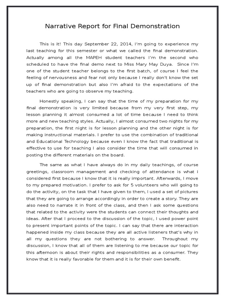 Narrative Report For Final Demonstration | Education Theory | Teachers