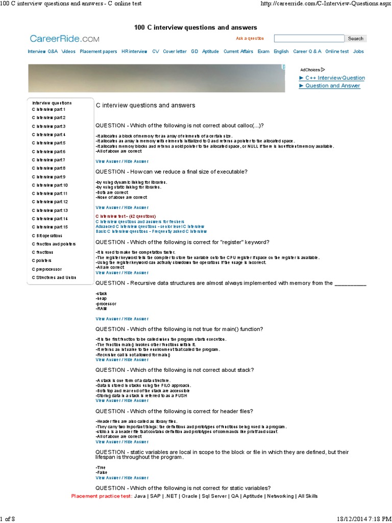 100 C Interview Questions And Answers C Online Test Pdf C Programming Language Pointer