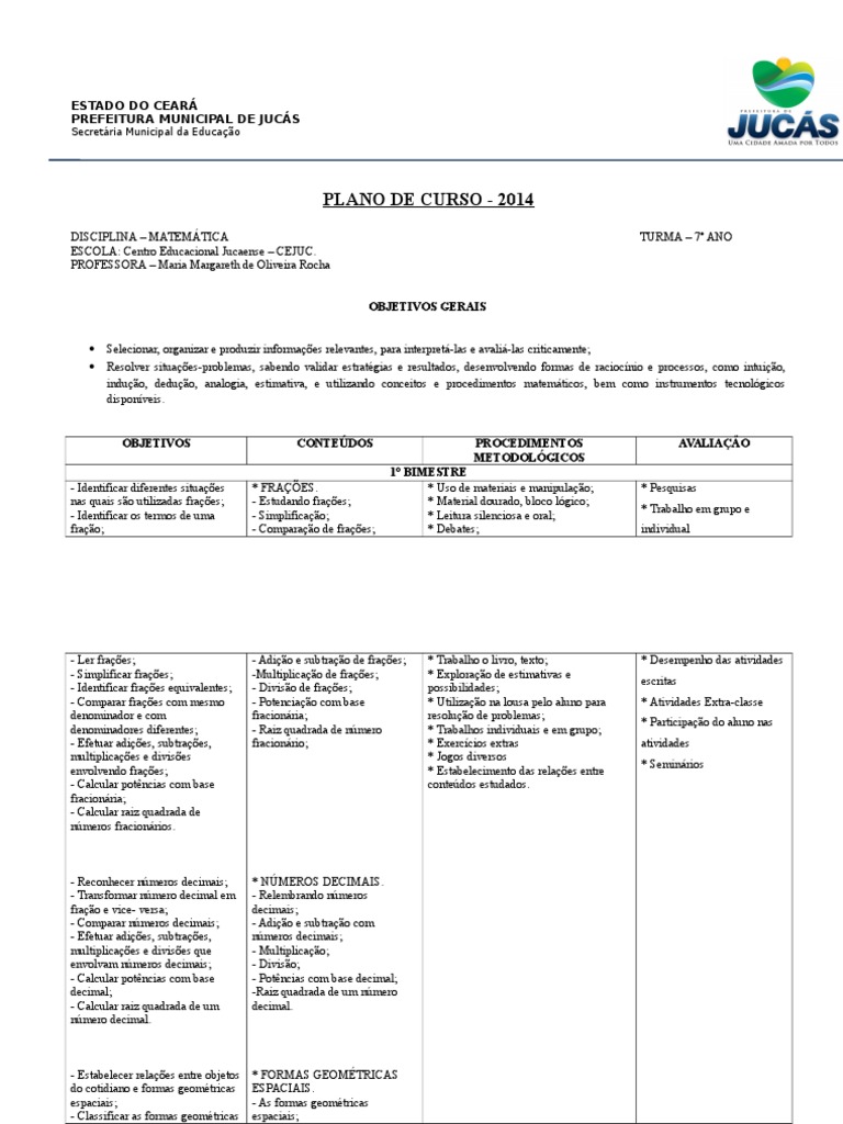 02plano De Curso Matemática 7° Ano Atualizado Pdf Fração 7338