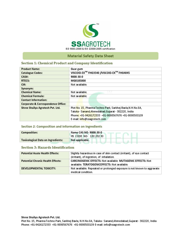 MSDS Report From SS Agrotech - Guar Gum Manufacturer | PDF | Toxicity ...