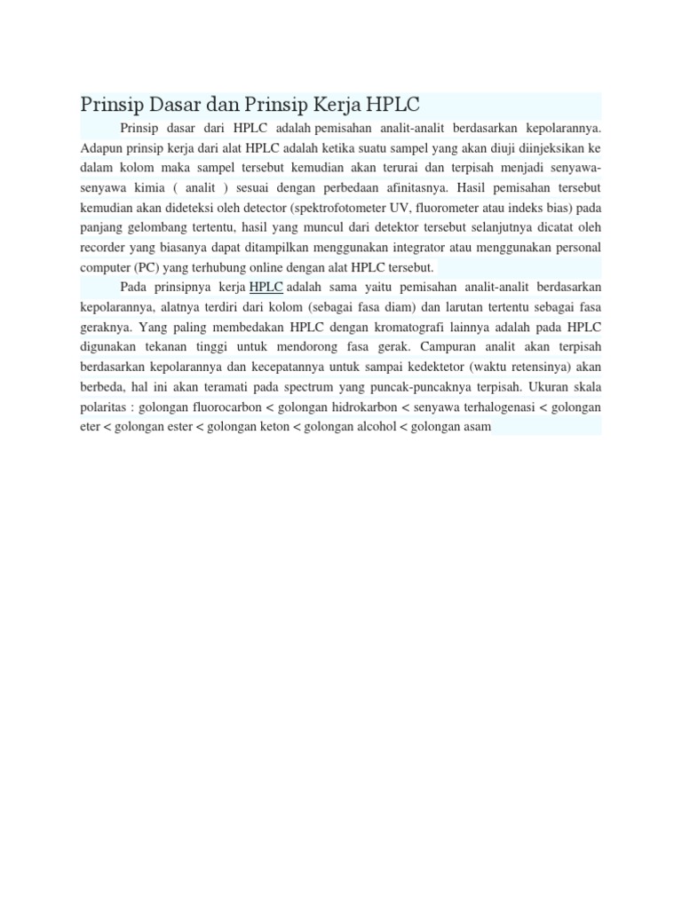 Prinsip Dasar Dan Prinsip Kerja HPLC | PDF